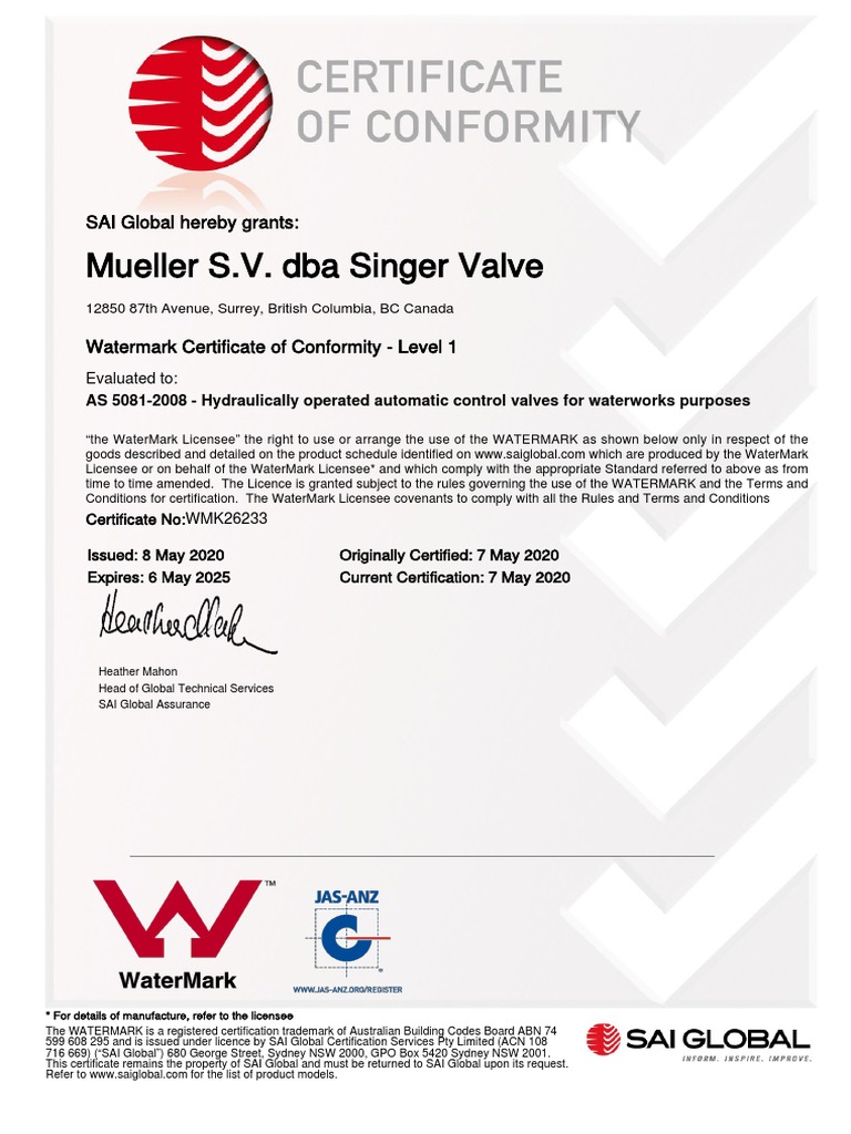 Mueller Singer Valve Certificate of Conformity | PDF | Valve | License