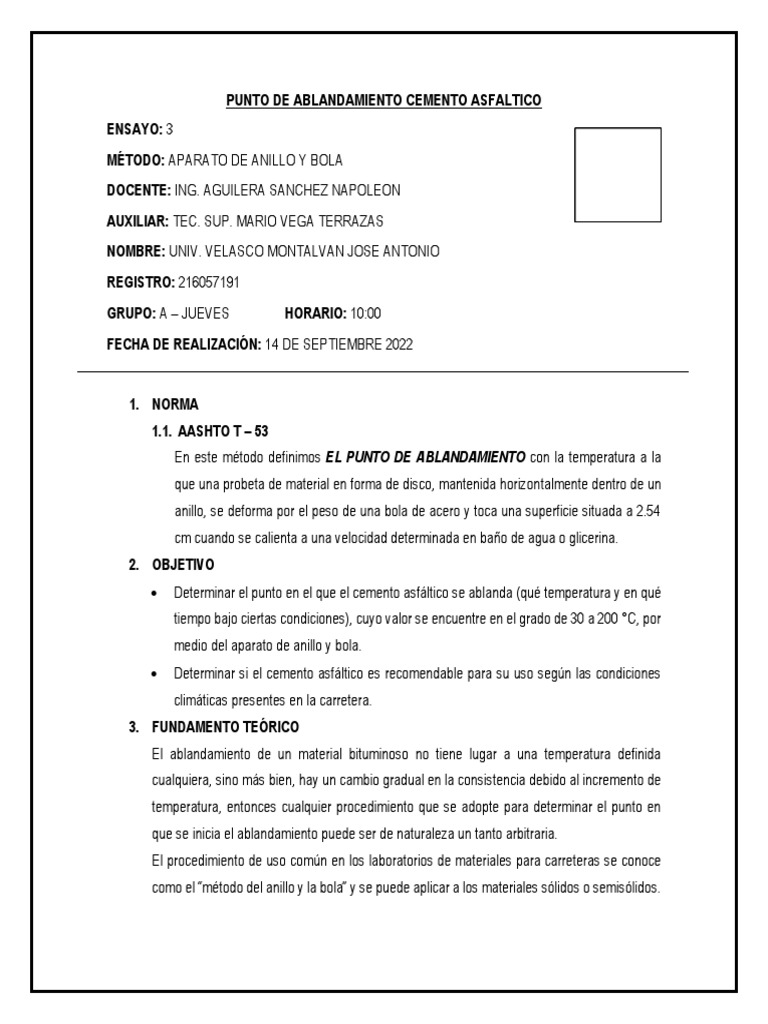 Lab 3 Punto de Ablandamiento Del Cemento Asfáltico Velasco Montalvan ... Lab 3 Punto de Ablandamiento Del Cemento Asfáltico Velasco Montalvan ...