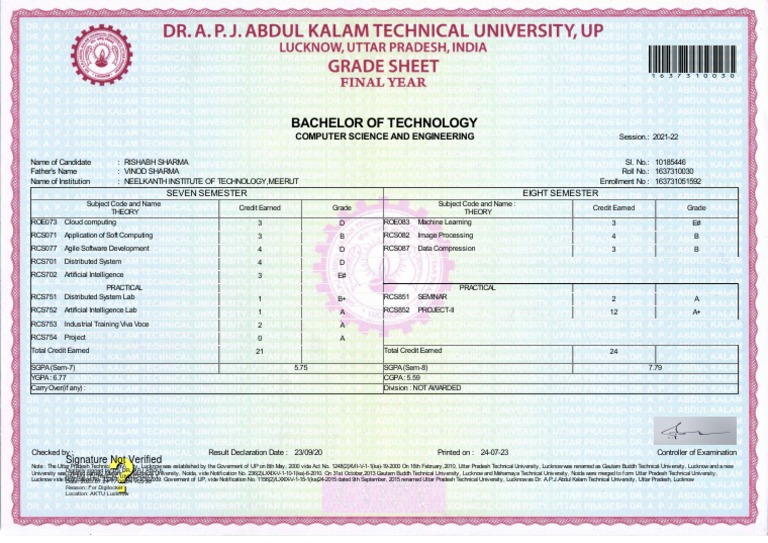 AKTU B.Tech Marksheet for Rishabh Sharma | PDF | Computing | Computer ...