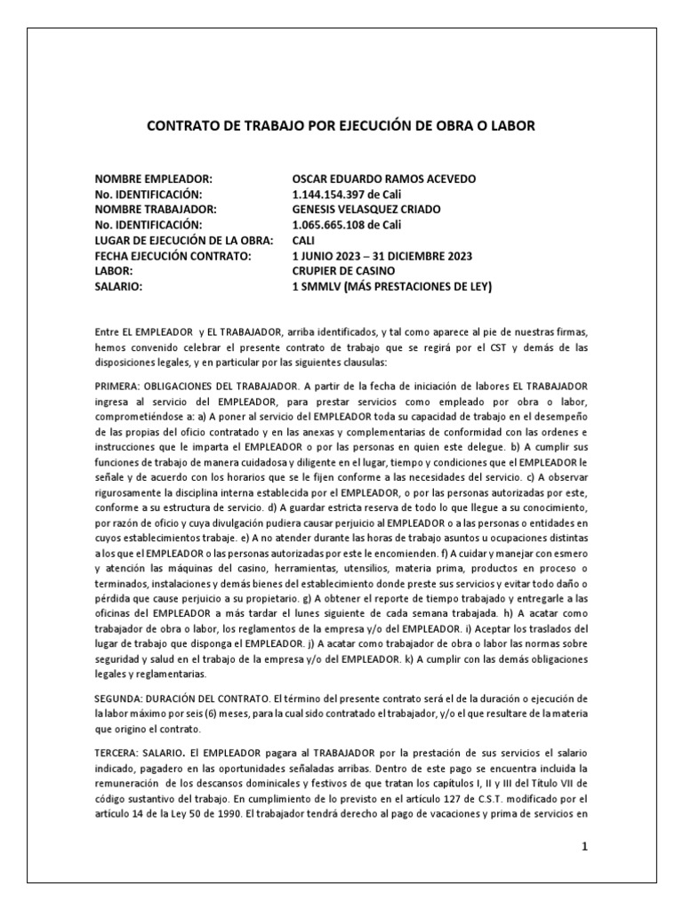 Contrato de Trabajo Por Ejecución de Obra o Labor - Genesis | PDF ...