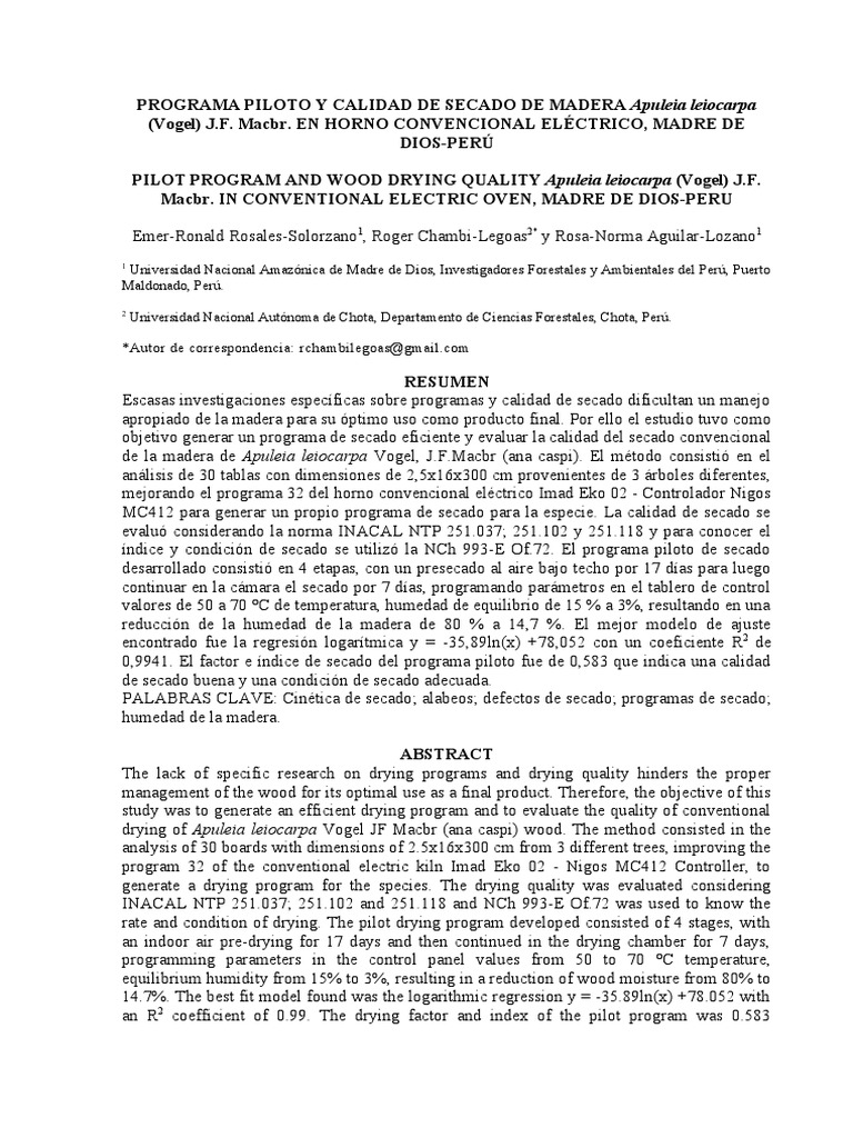 PROGRAMA PILOTO Y CALIDAD DE SECADO DE MADERA Apuleia Leiocarpa (Vogel) J.F. Macbr. EN HORNO ...