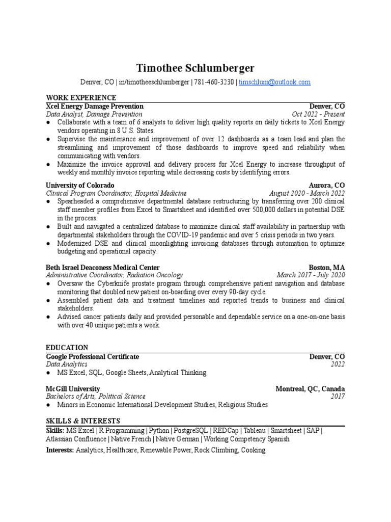 Timothee Schlumberger Resume | PDF | Hospital | Patient