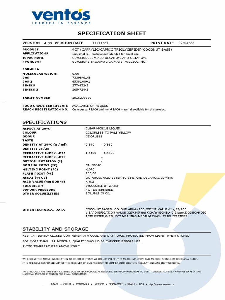 MCT Oil Density and Specifications | PDF | Triglyceride | Organic Compounds