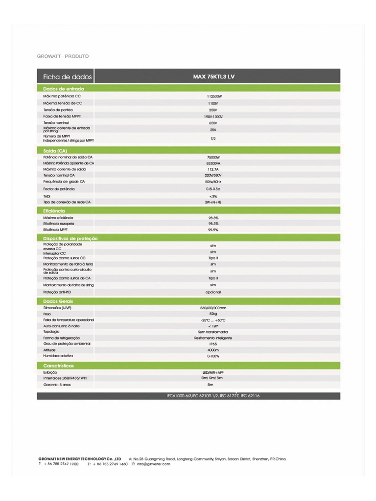 Anexo VIII - Datasheet Growatt MAX75KTL3-LV 75KW | PDF