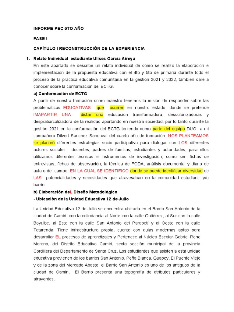 Informe PEC Ulises - CORREGIDO | PDF | Enseñando | Aprendizaje