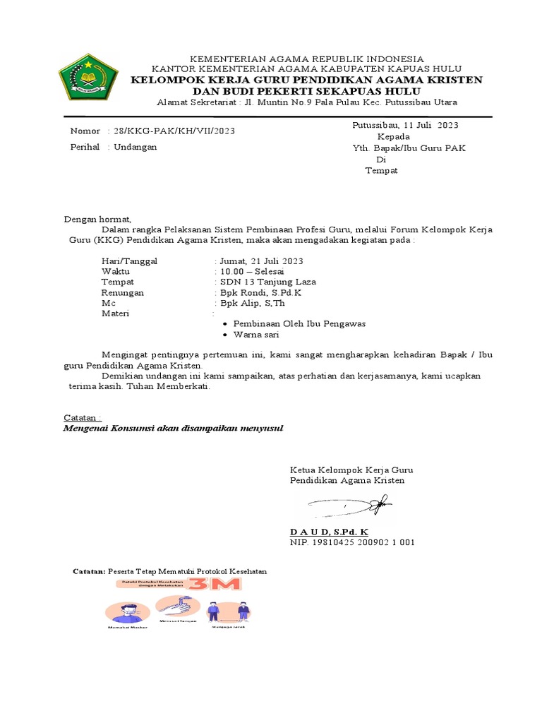 Undangan Untuk Guru PAK KKG Juli 23 | PDF