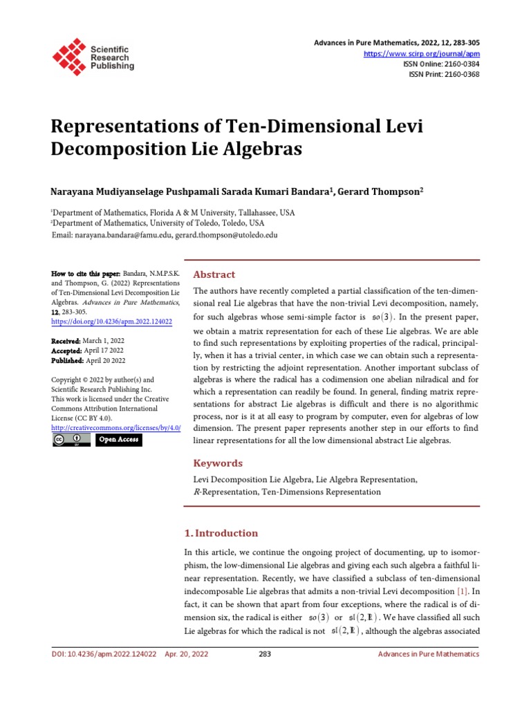 Representations of Ten-Dimensional Levi Decomposit | PDF | Lie Algebra ...