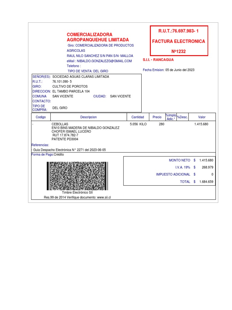 Comercializadora Agropanquehue Limitada R.U.T.:76.697.983-1 Factura Electronica Nº1232 | PDF ...
