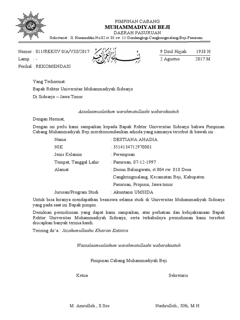 Surat Rekomendasi Beasiswa UMSIDA | PDF
