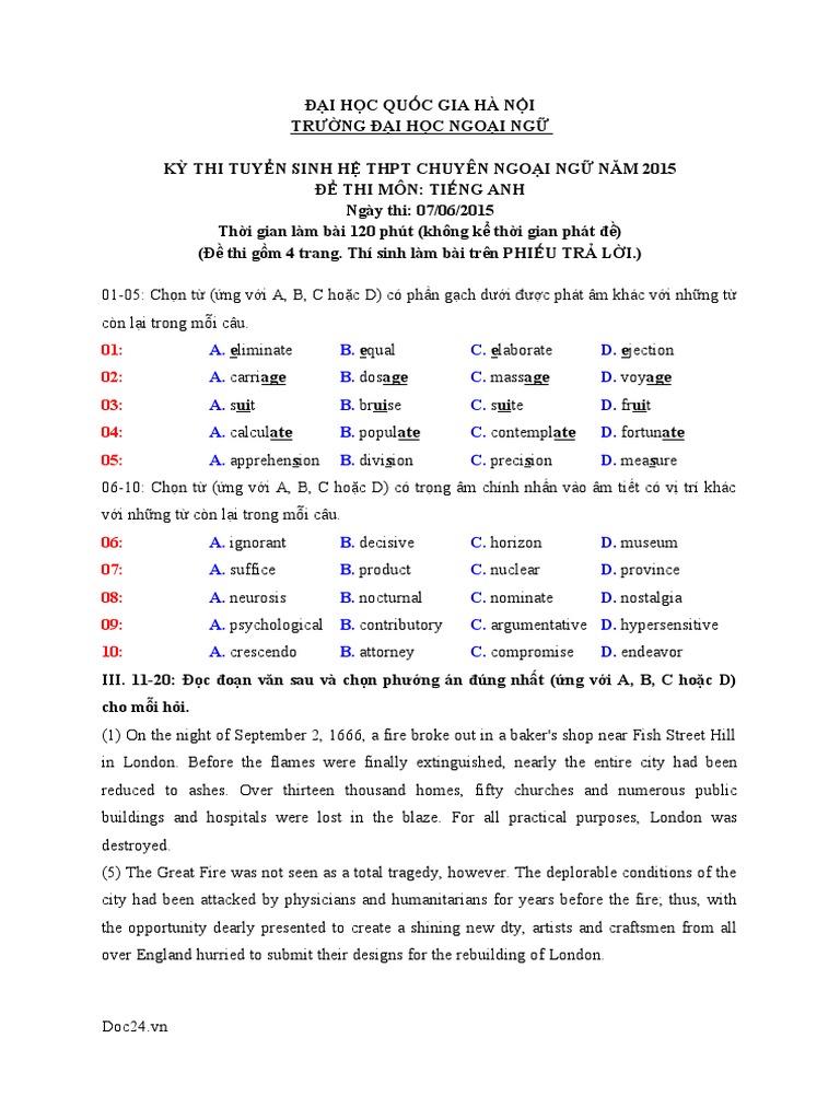 Đề thi chuyên anh 10 | PDF