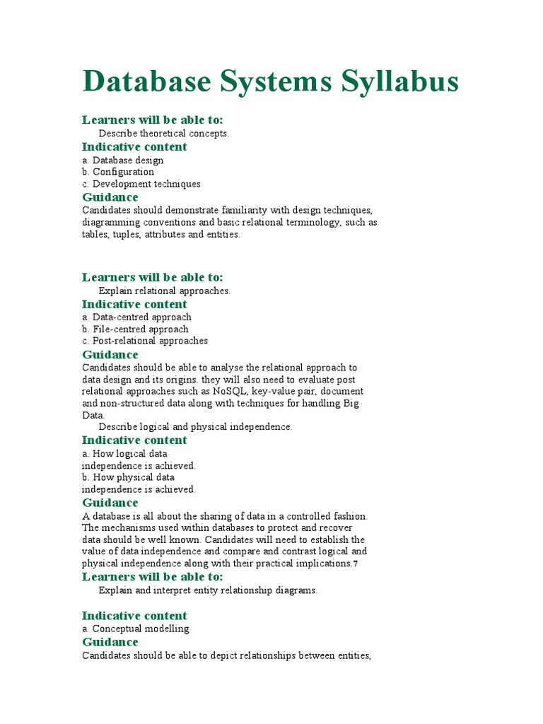 Database Systems Syllabus | PDF | Relational Model | Sql