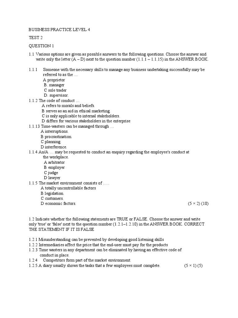 Business Practice Level 4 Test 2-2021 | PDF | Business Ethics | Employment