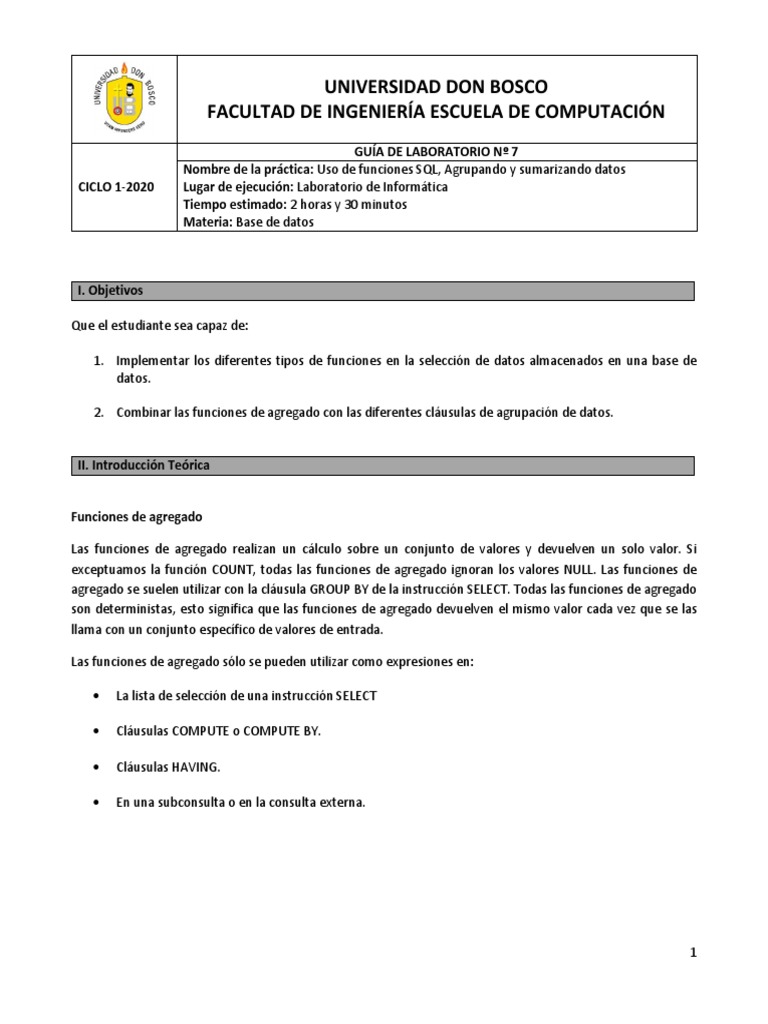 Guía SQL: Funciones y Agrupación | PDF | SQL | Servidor SQL de Microsoft