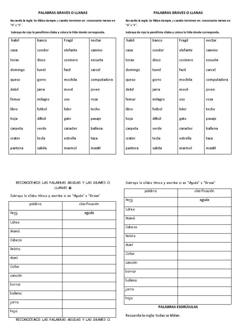 Palabras Graves o Llanas Actividades Practicas | PDF | Voz humana ...