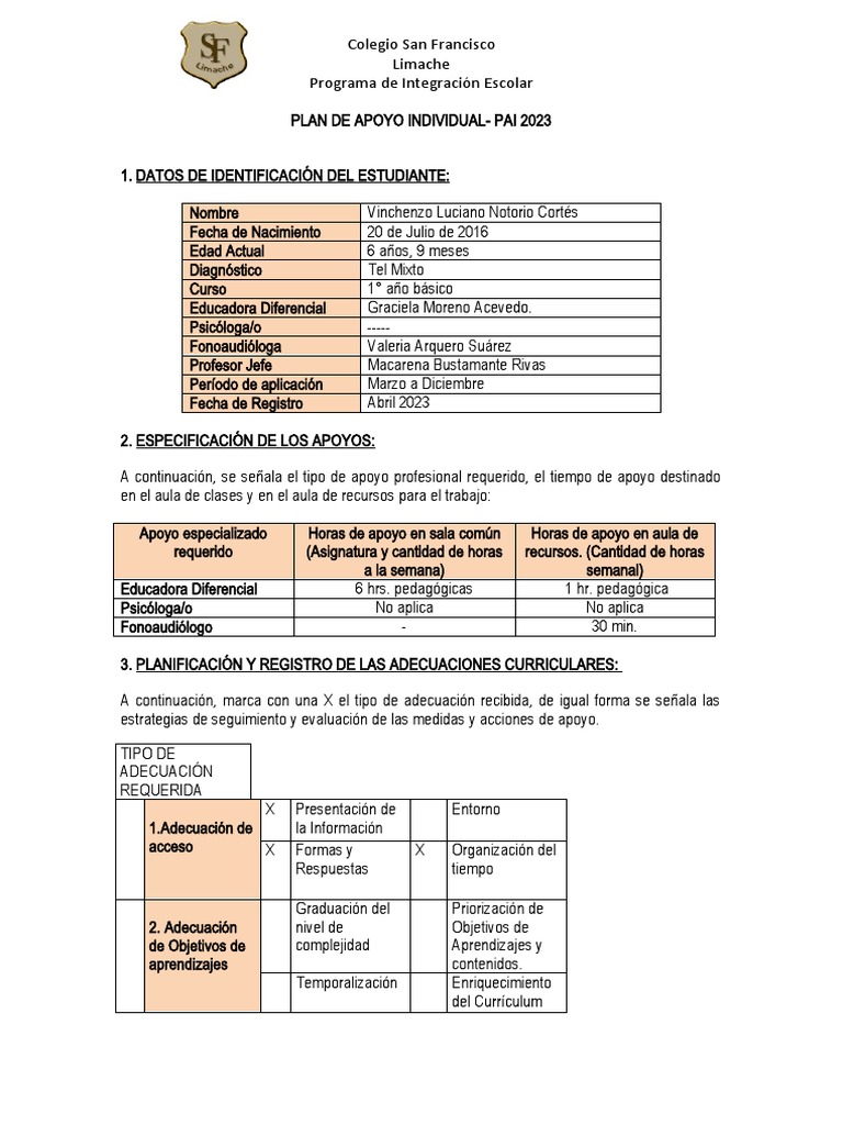 PAI Vinchenzo Notorio 2023 | PDF | Educación especial | Memoria