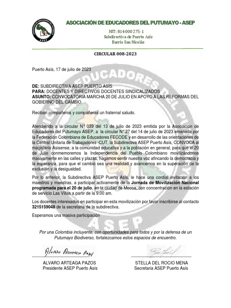 Circular 008 Asep Puerto Asis - Movilización 20 de Julio | PDF | Ciencias sociales