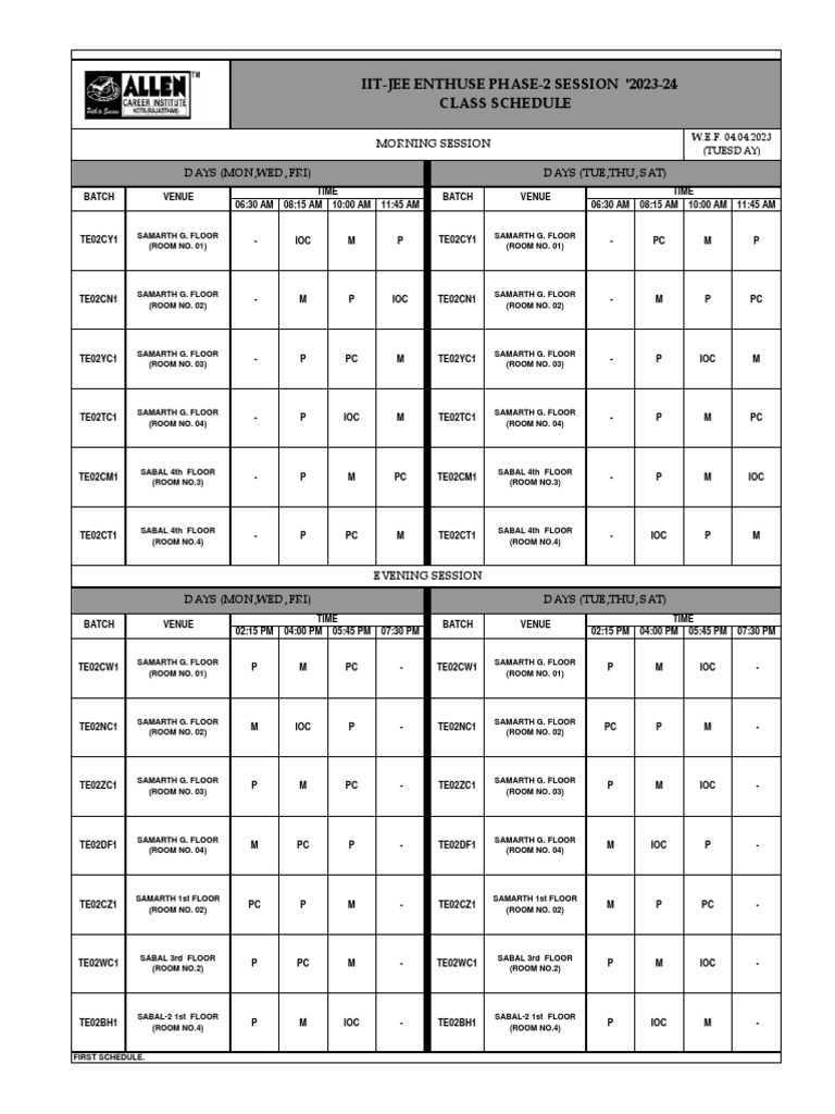 Iit-Jee Enthuse Phase-2 Session '2023-24 Class Schedule: Morning Session Days (Mon, Wed, Fri ...