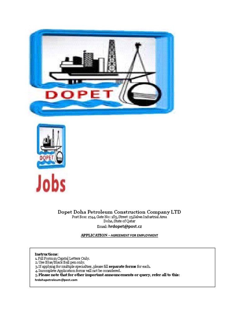 Dopet Doha Petroleum Construction Company Application Form | PDF | Doha