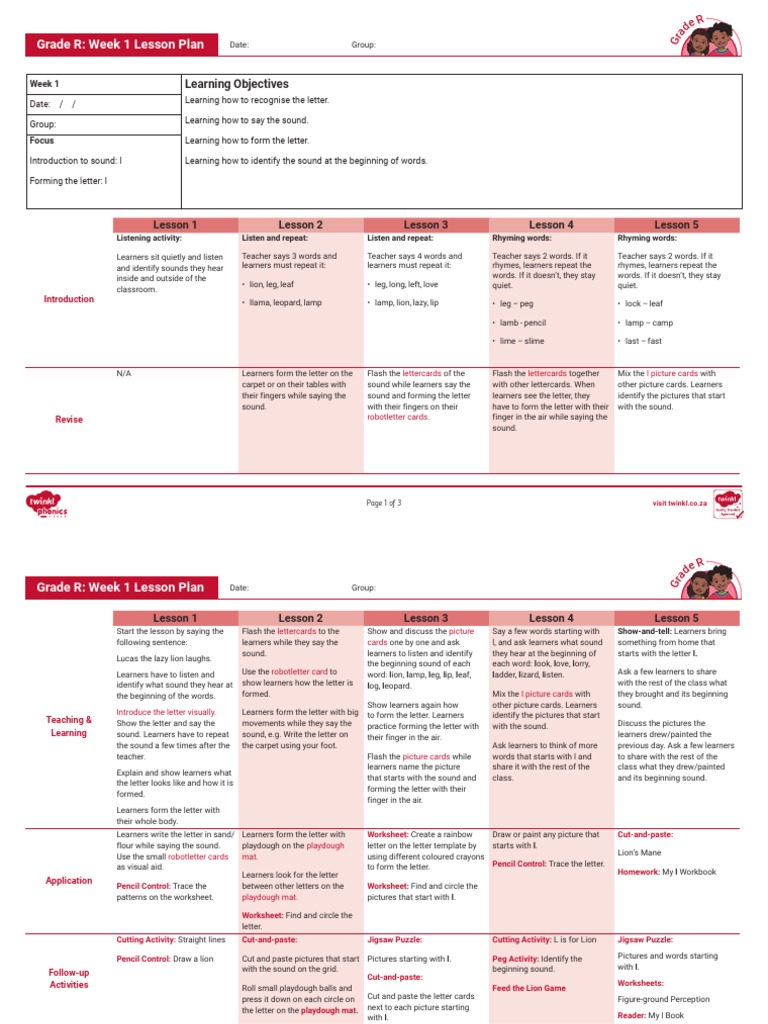 za-hl-1657795553-grade-r-lesson-plan-week-1-letter-l_ver_1 | PDF | Learning | Cognition