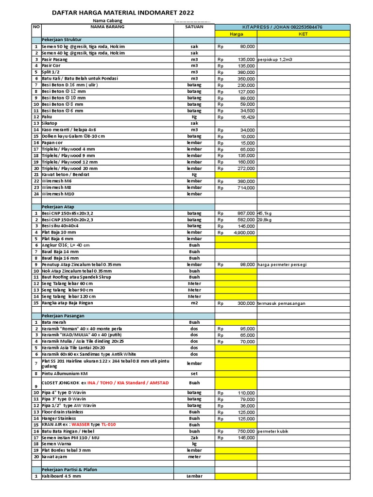 Form Survey Harga Material Project 2022 | PDF