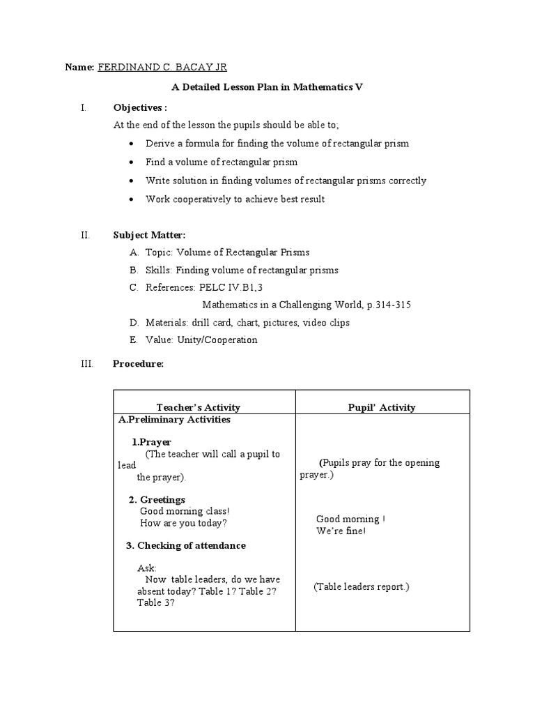 Lesson Plan In T Math Pdf