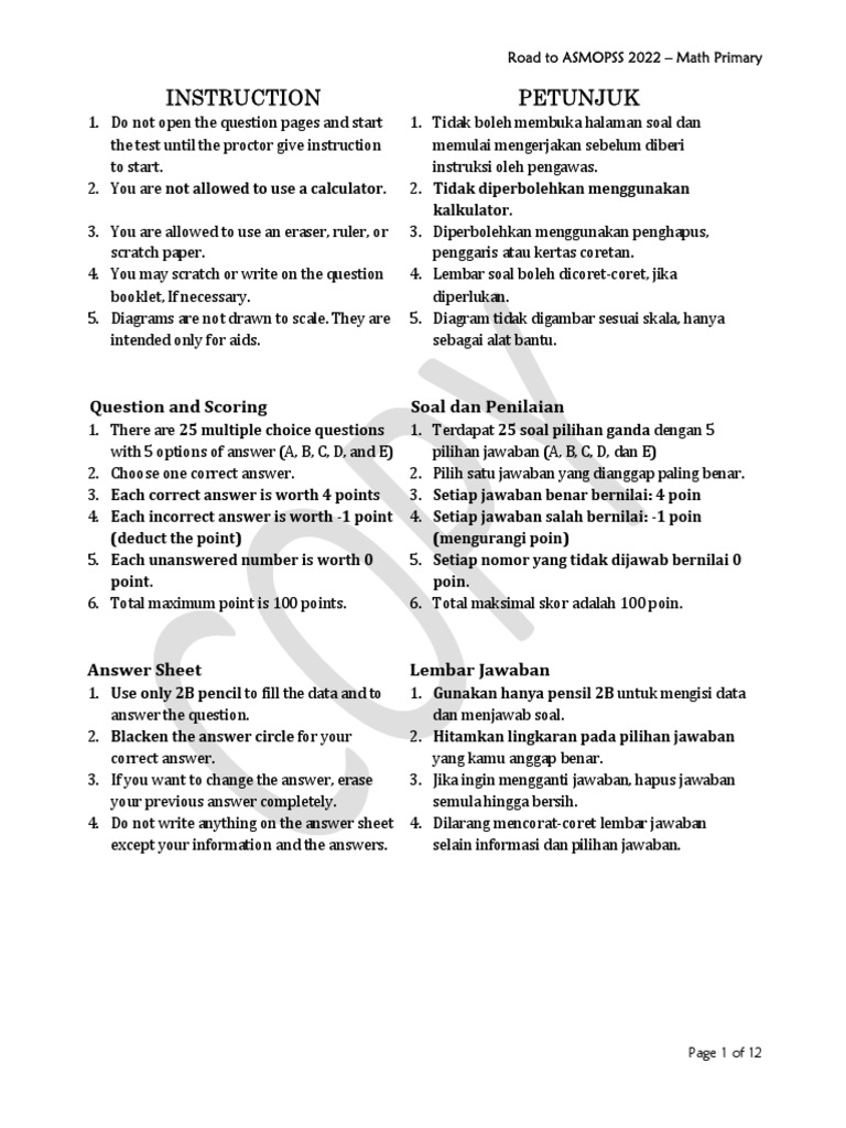 Past Paper Road To ASMOPSS 2022 Math Primary | PDF