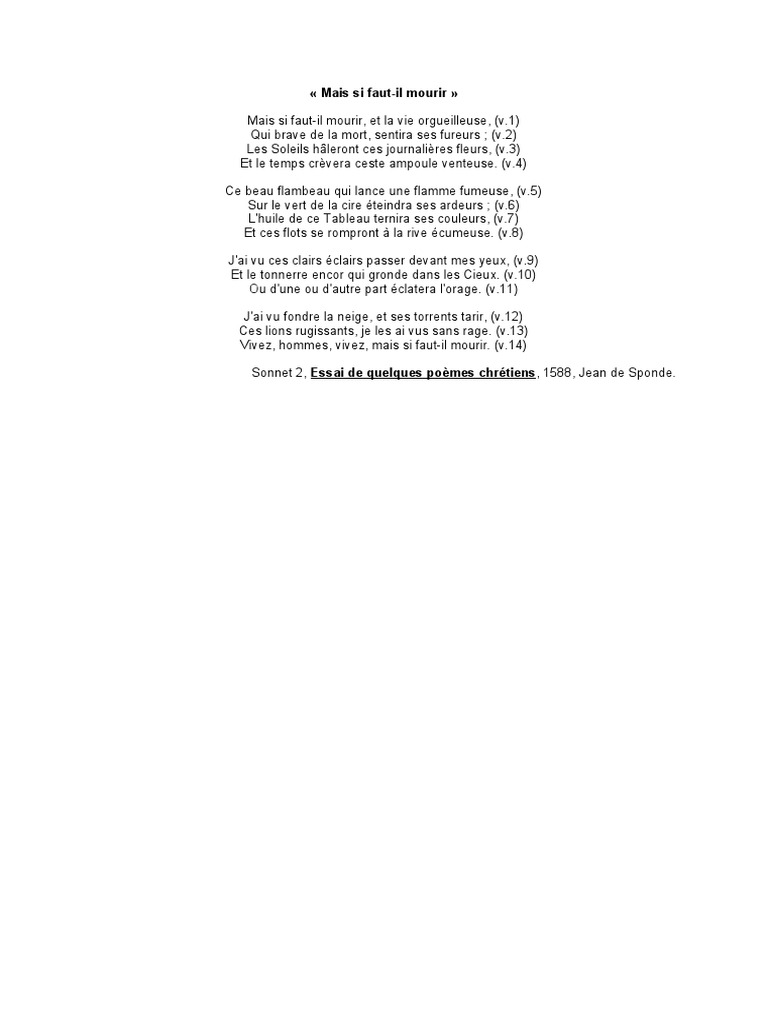 Mais Si Faut Il Mourir Jean de Sponde. | PDF