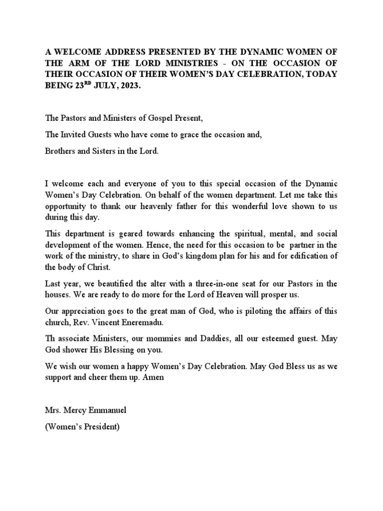 Women's Day Celebration Welcome Address | PDF | Christian ...