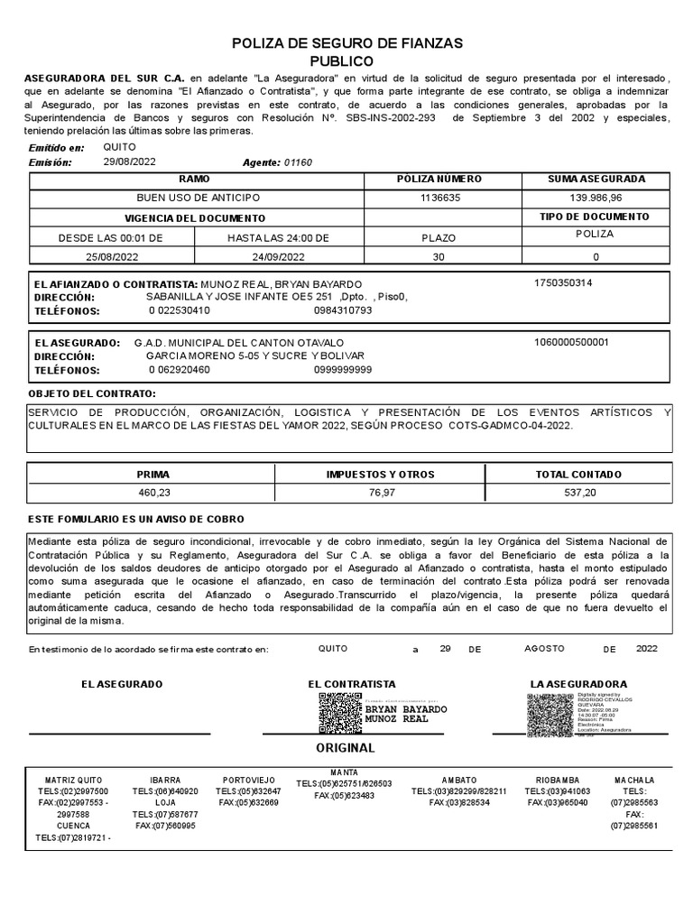 Póliza de Seguro de Fianzas 2022 | PDF | Póliza de seguros