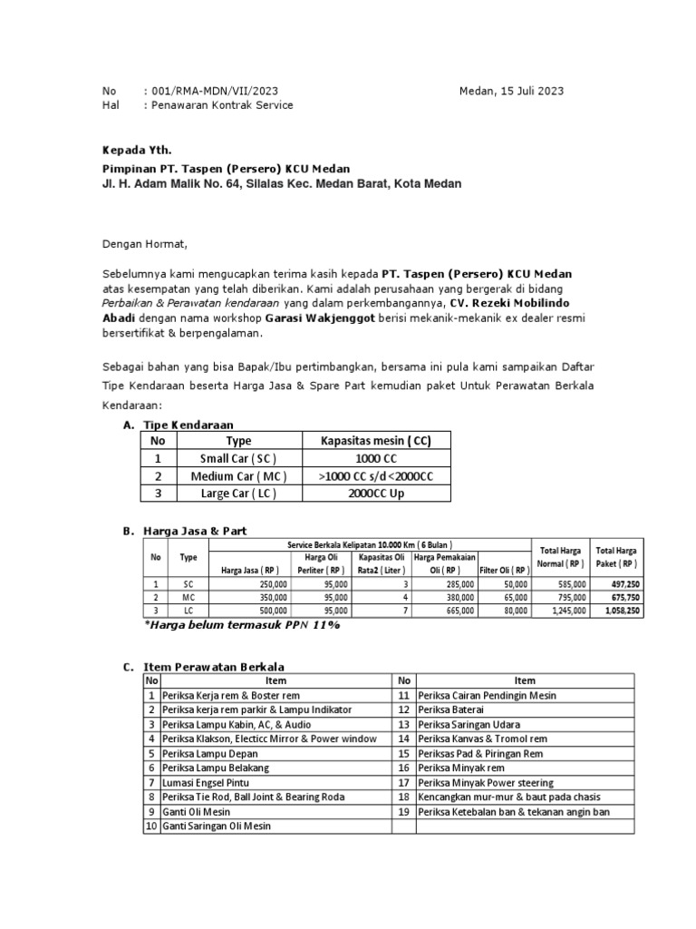 Surat Penawaran Kerja Sama Service CV Rezeki Mobilindo Abadi | PDF