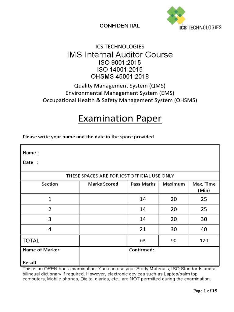 IMS IA - Exam Paper | PDF | Audit | Iso 9000