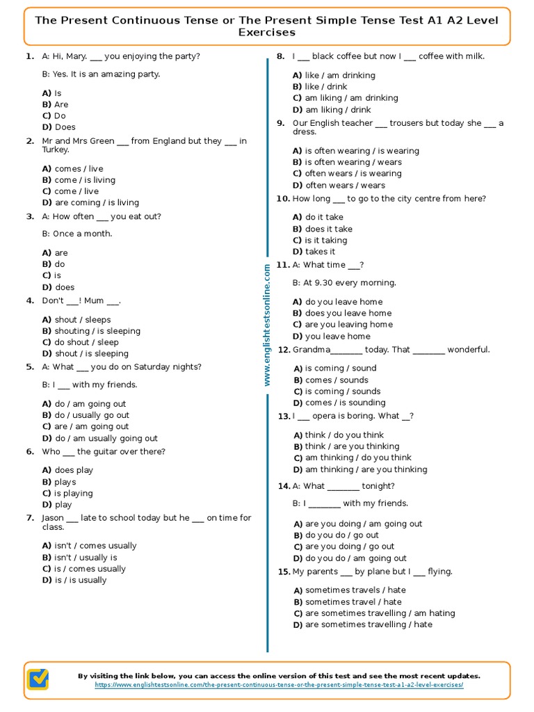 424 The Present Continuous Tense or The Present Simple Tense Test A1 A2 ...