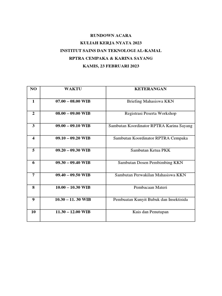 Rundown Acara Workshop KKN 2023 | PDF | Griya & Taman | Sains & Matematika