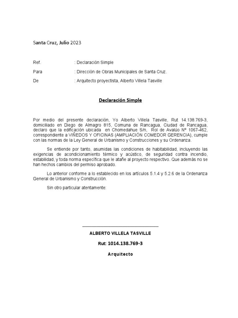Declaracion Simple Recepcion Definitiva Ventisquero | PDF Declaracion Simple Recepcion Definitiva Ventisquero | PDF