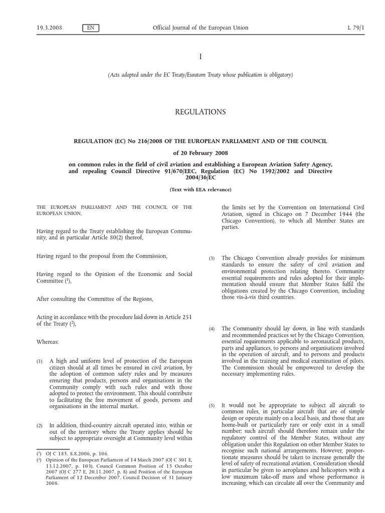EASA 216-2008 - Basic Regulation | PDF | European Union | European ...