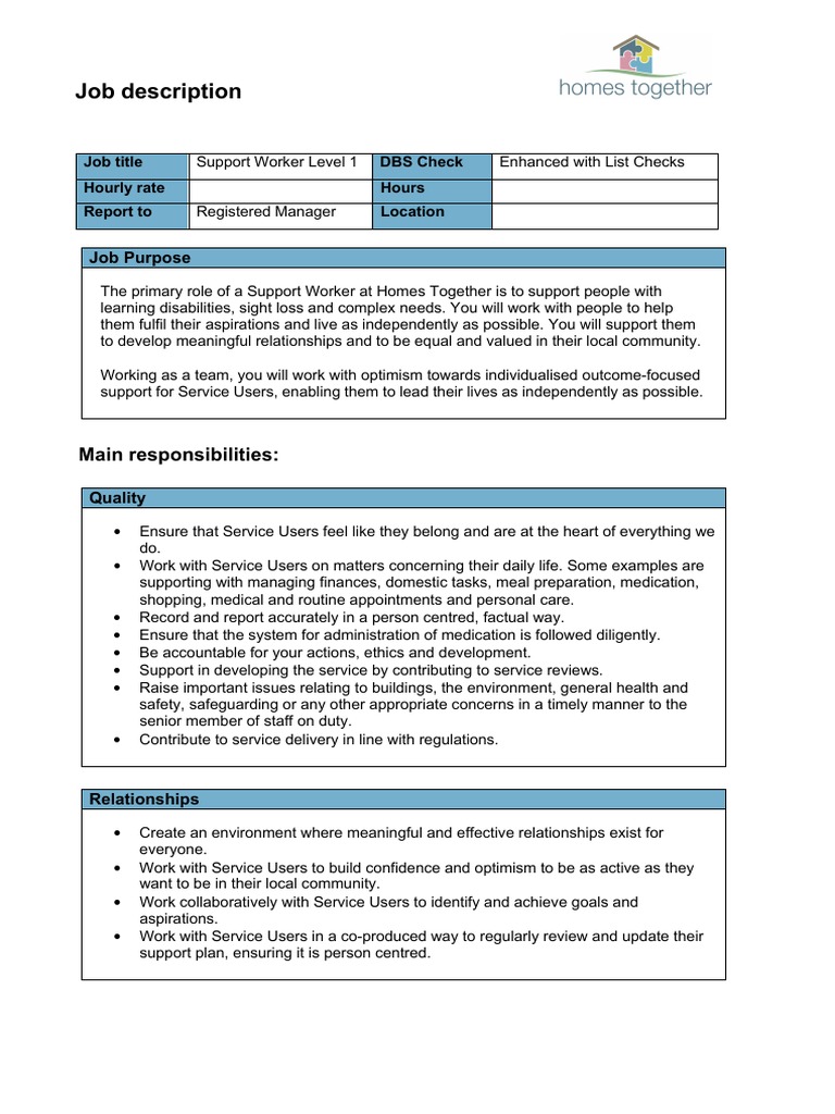 Job Description Support Worker Level 1 | PDF | Occupational Safety And ...
