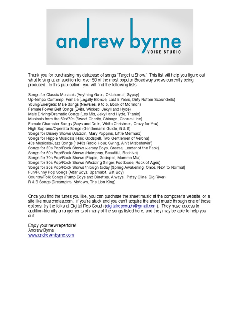 Target A Show by Andrew Byrne | PDF | Musical Theatre | Musicians