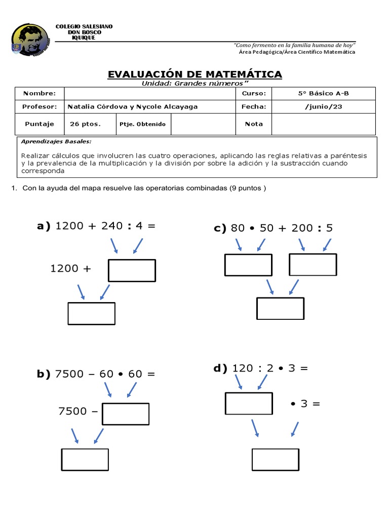 EVALUACIÓN DE MATEMÁTICA Operatoria Combinada (Ultima de La Nota 2) | PDF
