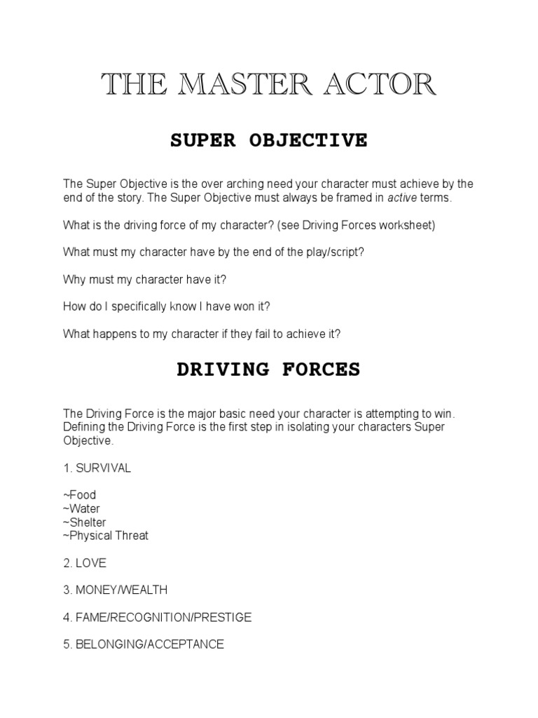 SUPER OBJECTIVE Master Actor Worksheet | PDF