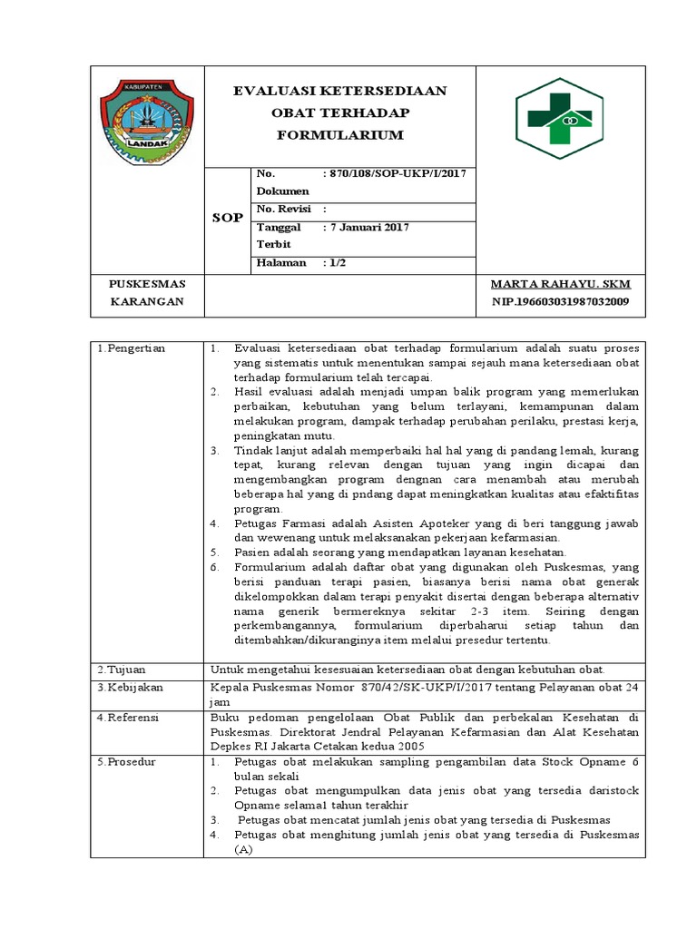 Ep.7 Sop Dan Daftar Tilik Evaluasi Ketersediaan Obat Terhadap Formularium | PDF | Pengembangan Diri