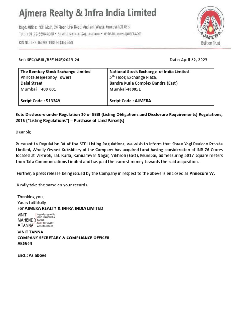 AJMERA 23042023101633 Intimation Final | PDF