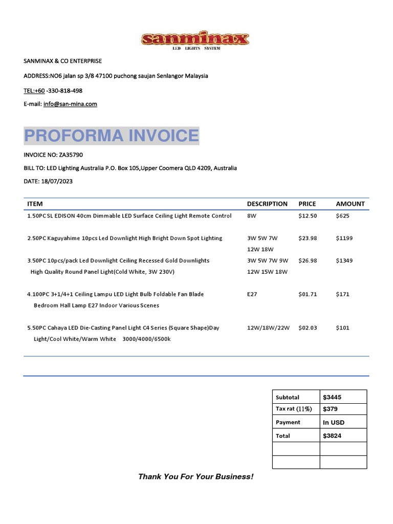 Proforma Invoice-Led Lighting Australia | PDF