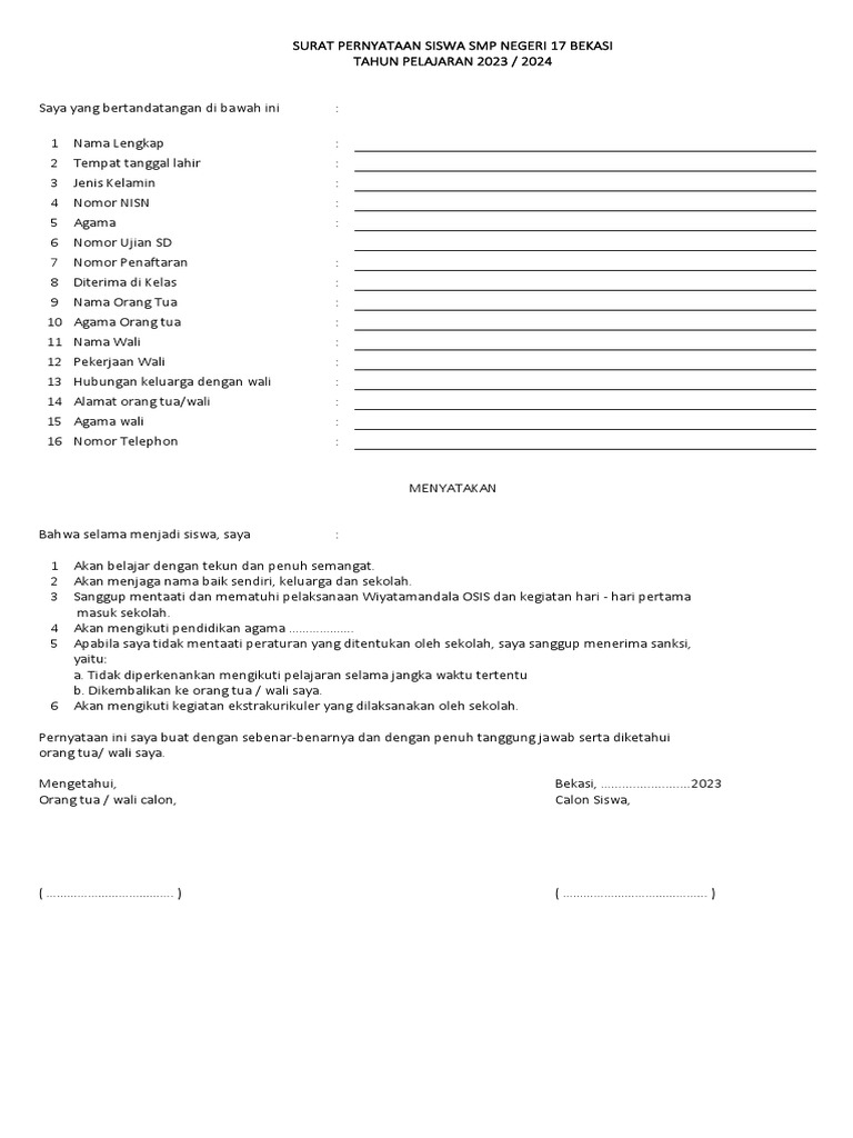 Surat Pernyataan Siswa Dan Orang Tua | PDF