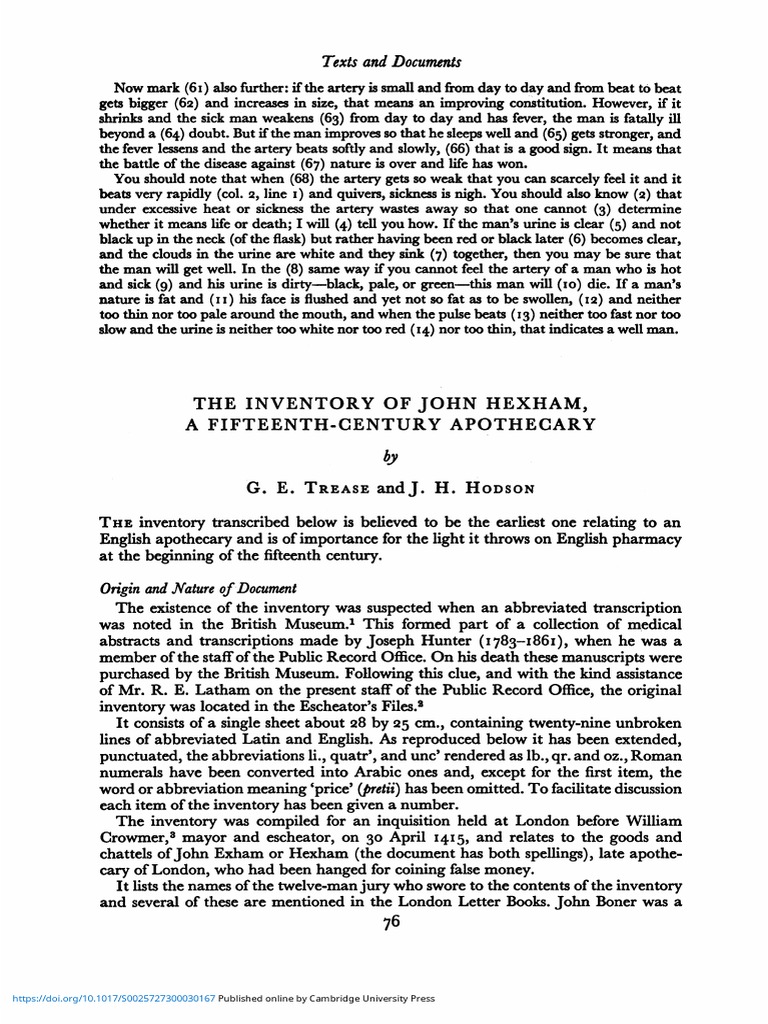 The Inventory of John Hexham A Fifteenth Century Apothecary | PDF | History