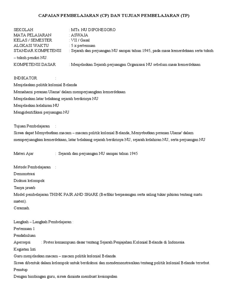 Pembelajaran Sejarah NU Kelas VII | PDF