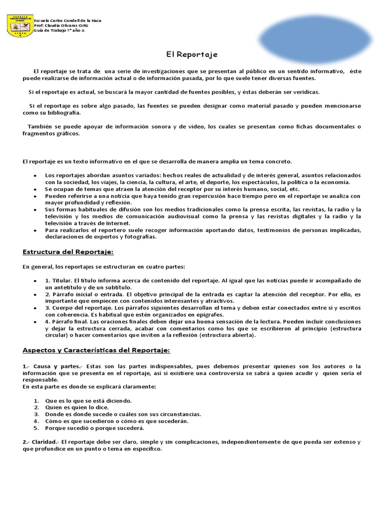 Guía de Aprendizaje El Reportaje 7 y 8 Básico | PDF