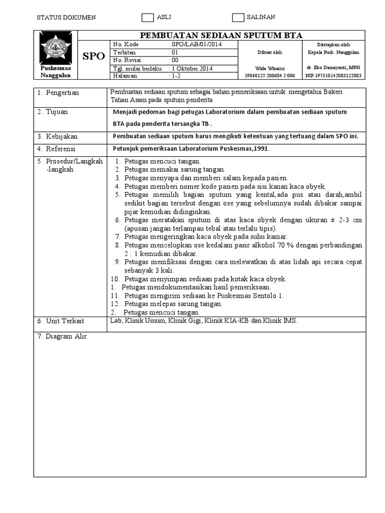 Spo Pembuatan Sediaan Sputum Bta | PDF
