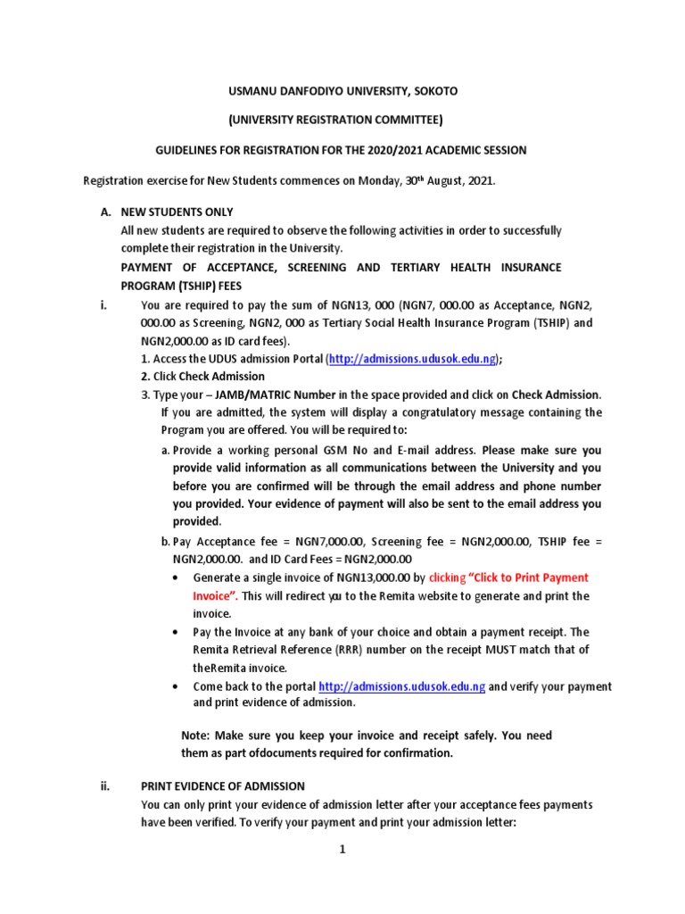 UDUS 2020/2021 Registration Guide | PDF | Receipt | Invoice