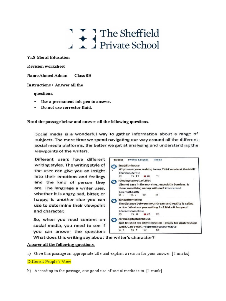 Yr.8 M Ed Revision Worksheet | PDF | Blog | Social Media