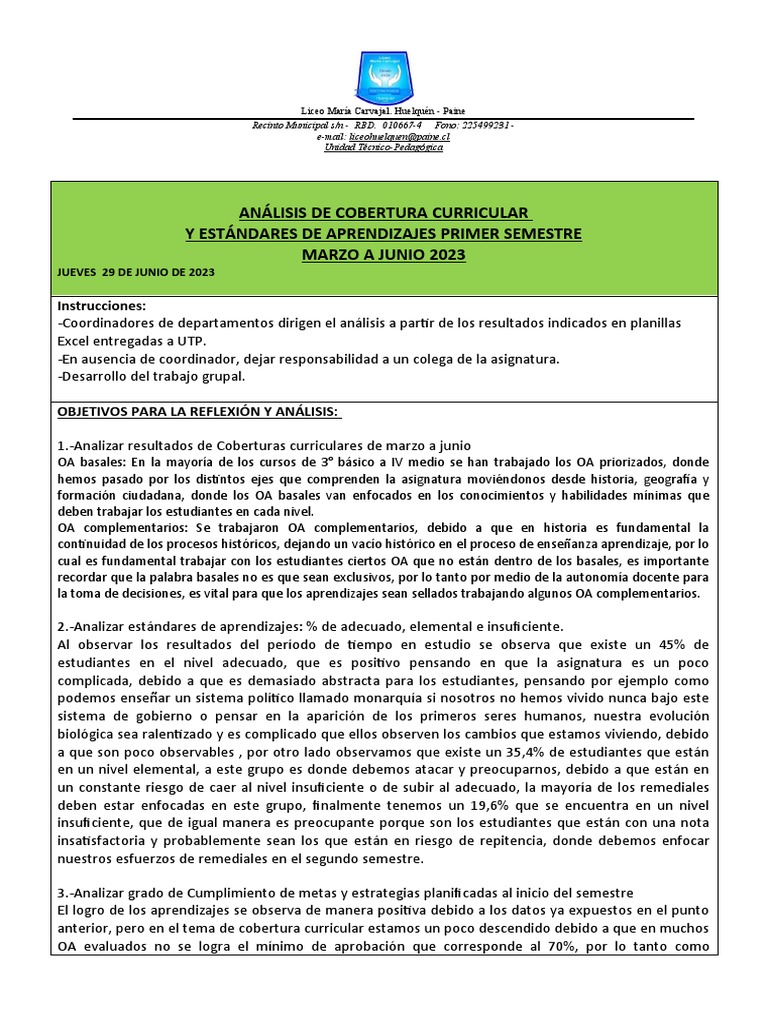 Informe de Análisis de Coberturas y Estándares de Desempeño Primer Semestre 2023 Historia | PDF ...